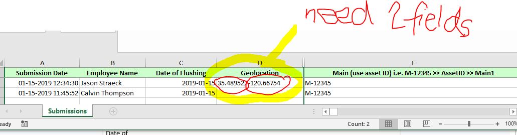 How Can I Get Latitude And Longitude Coordinates In Separate Fields In The Submission Table 1020