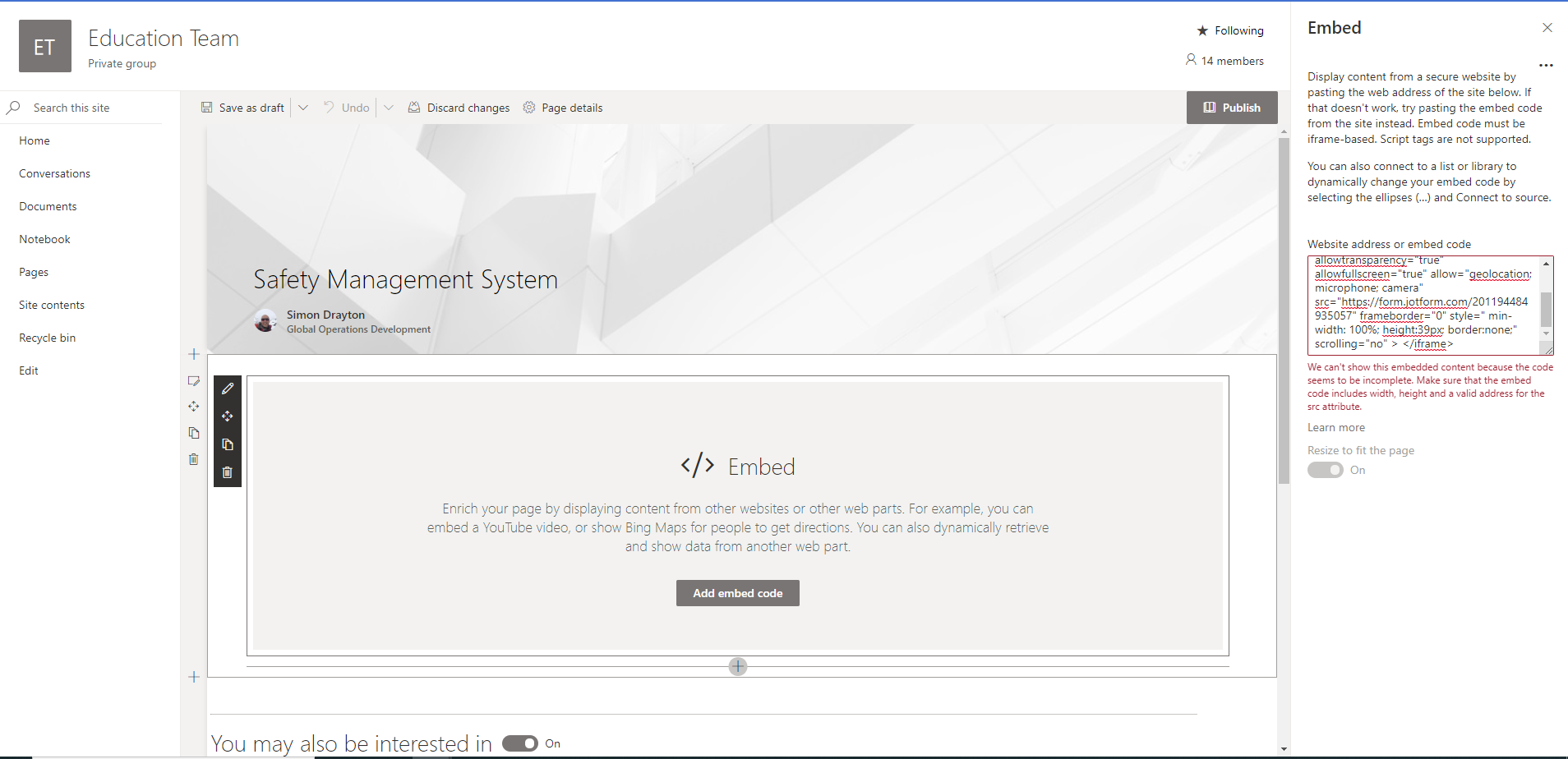 Sharepoint Embed Error