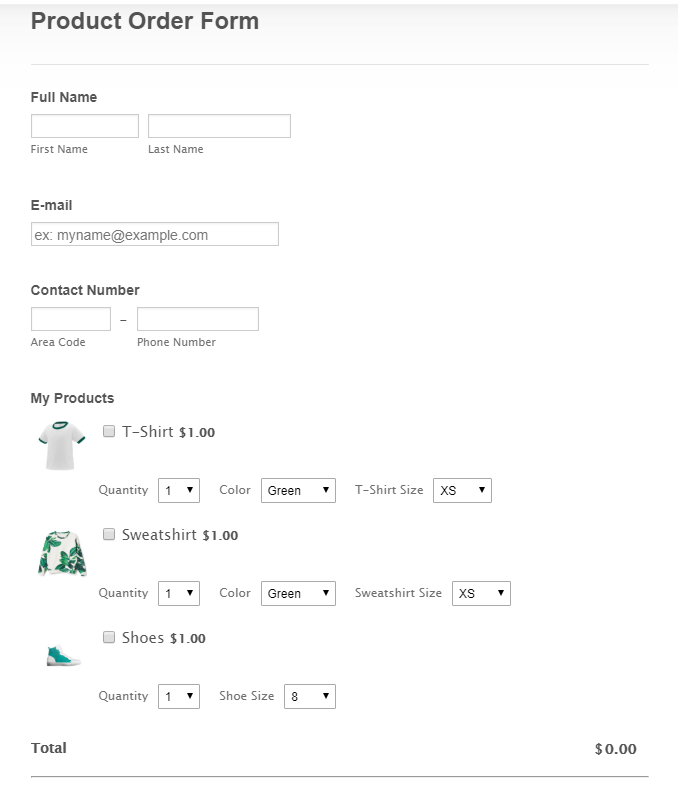 Product Order Form without Payment