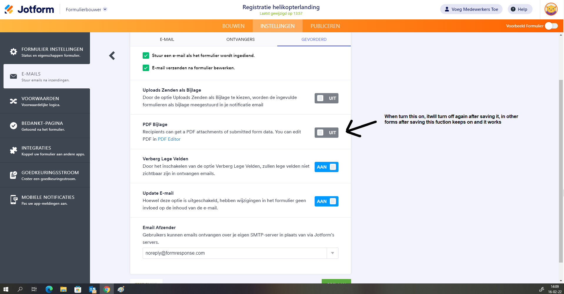 PDF attachment on email settings turn's off automatically
