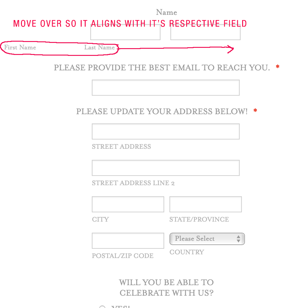 How do I move the First and Last name sub labels over so it's centered.