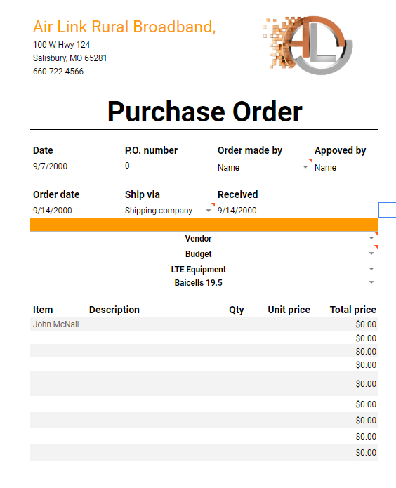 How can I integrate a Googlesheets Purchase order