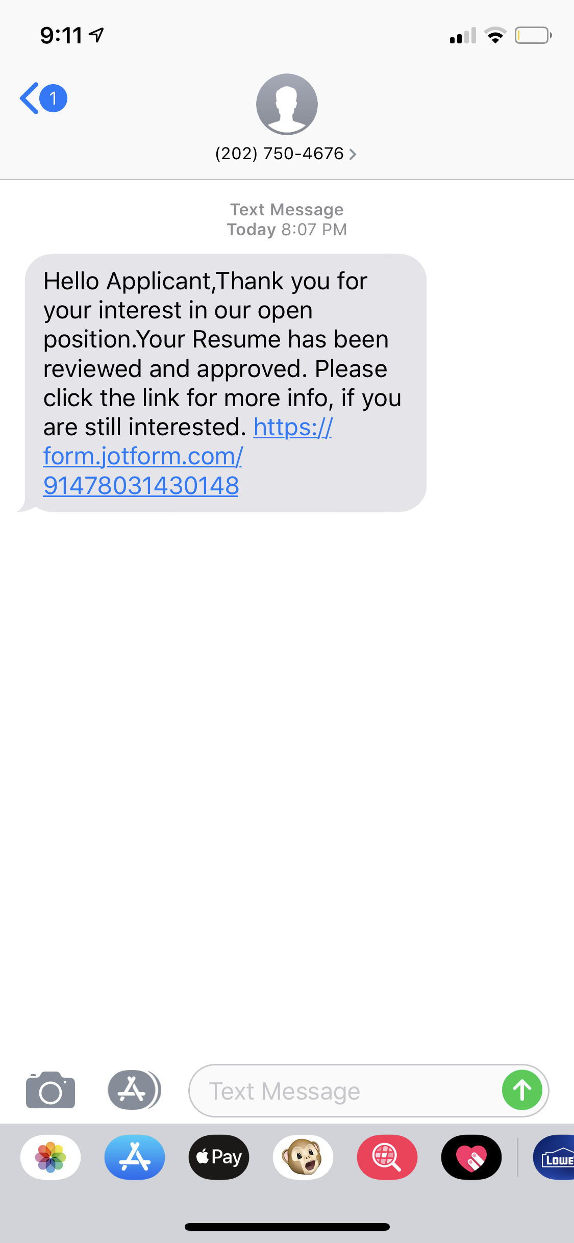 Received A Text Message For Job Application 