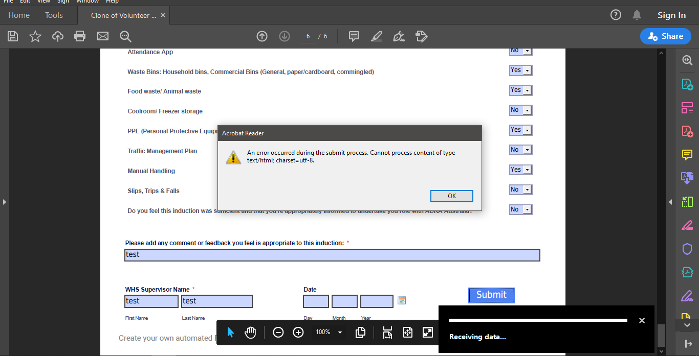 Unable to submit pdf