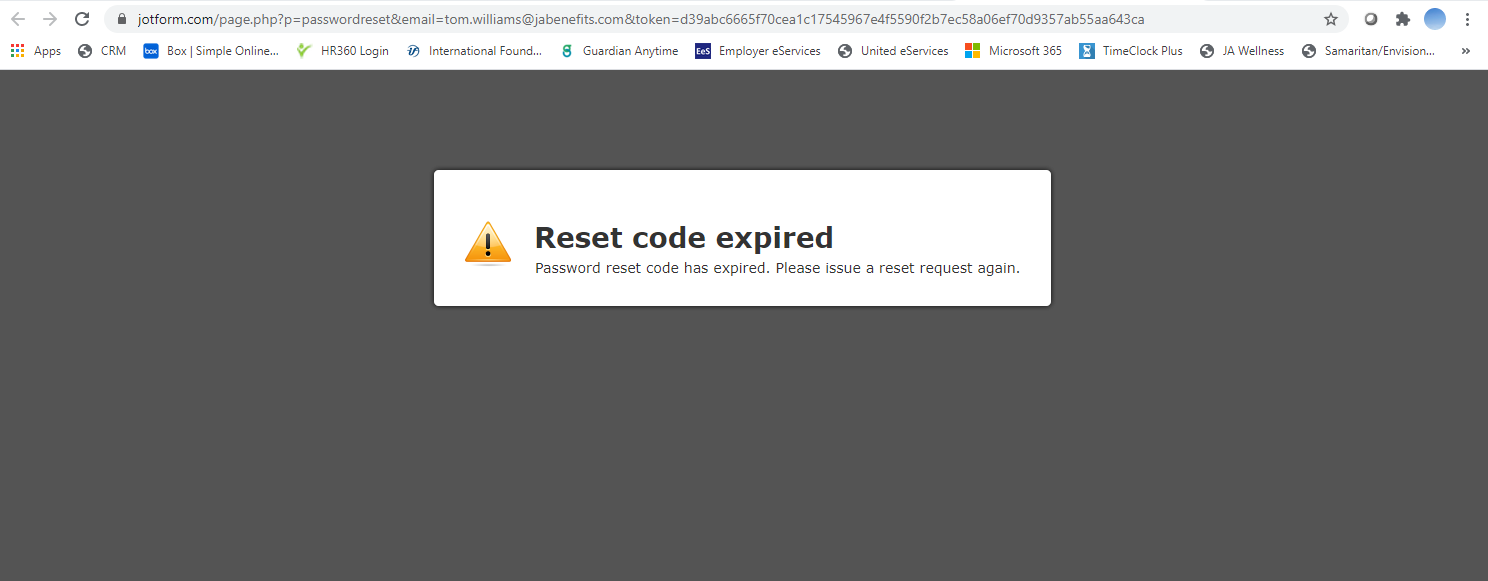 Reset code expired after password reset attempt.