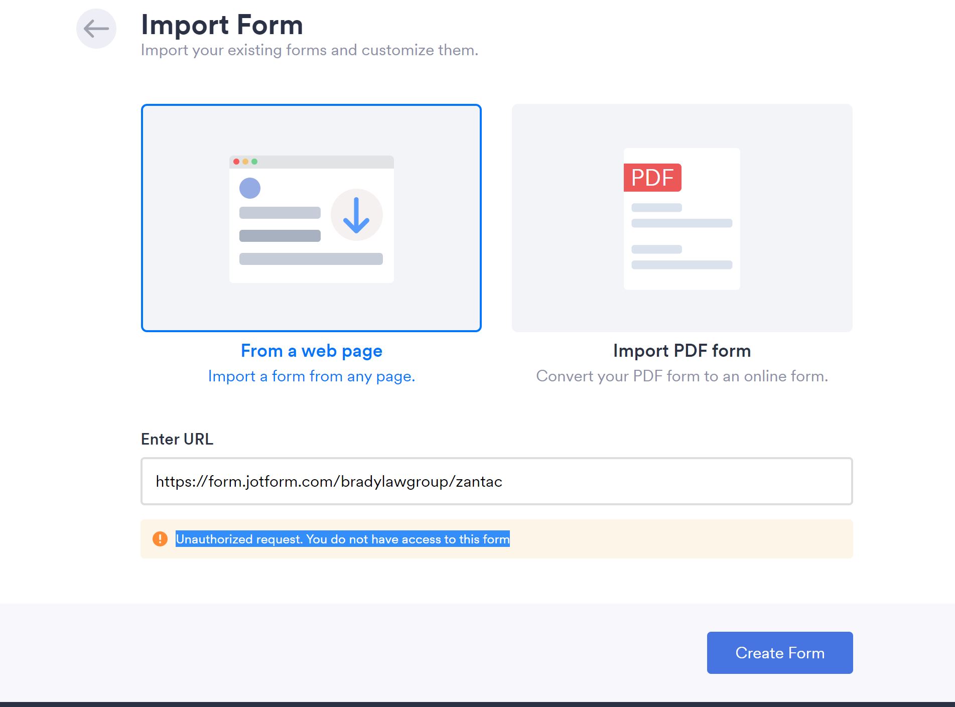 Unauthorized request when cloning a web form