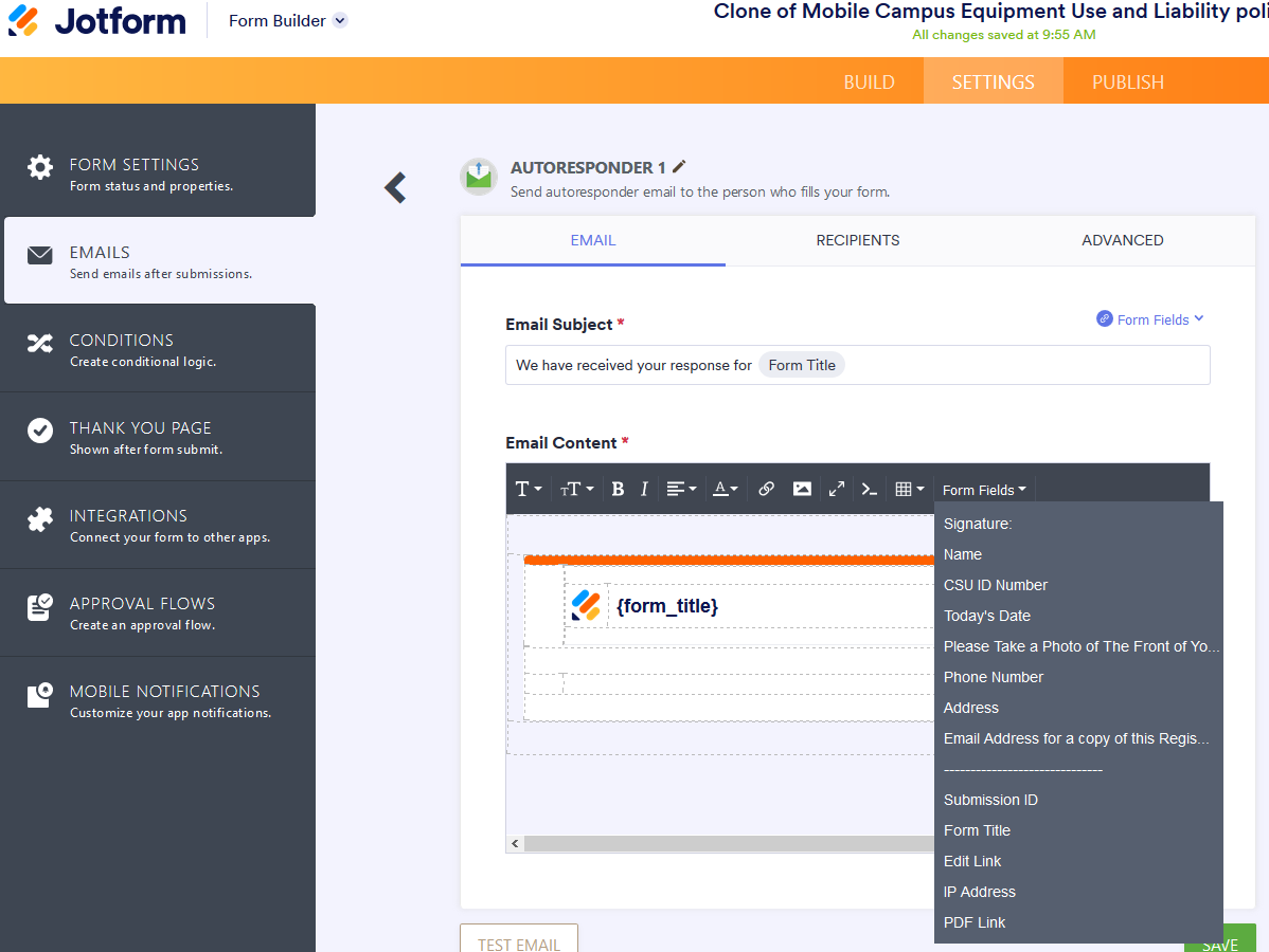 How can I send contents of the entire form in the autoresponse email?