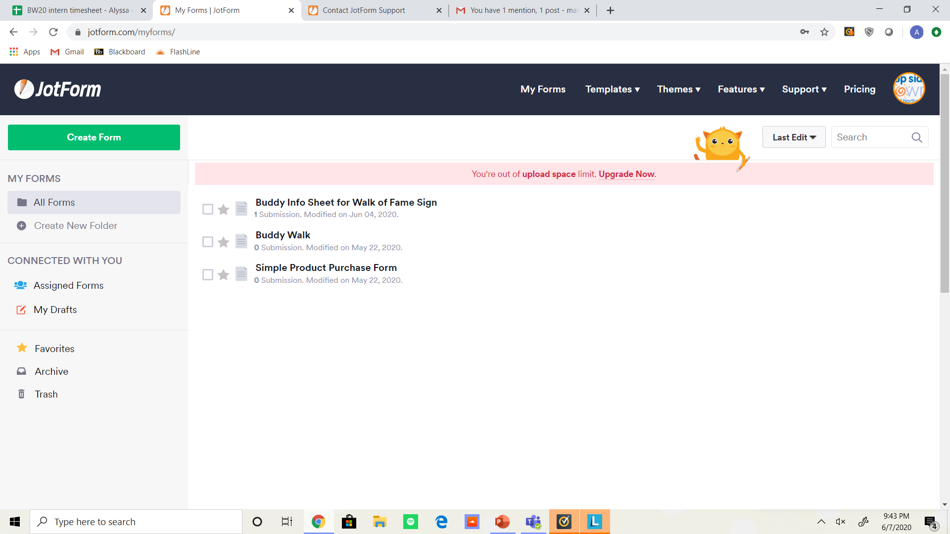 Account is out of upload space?