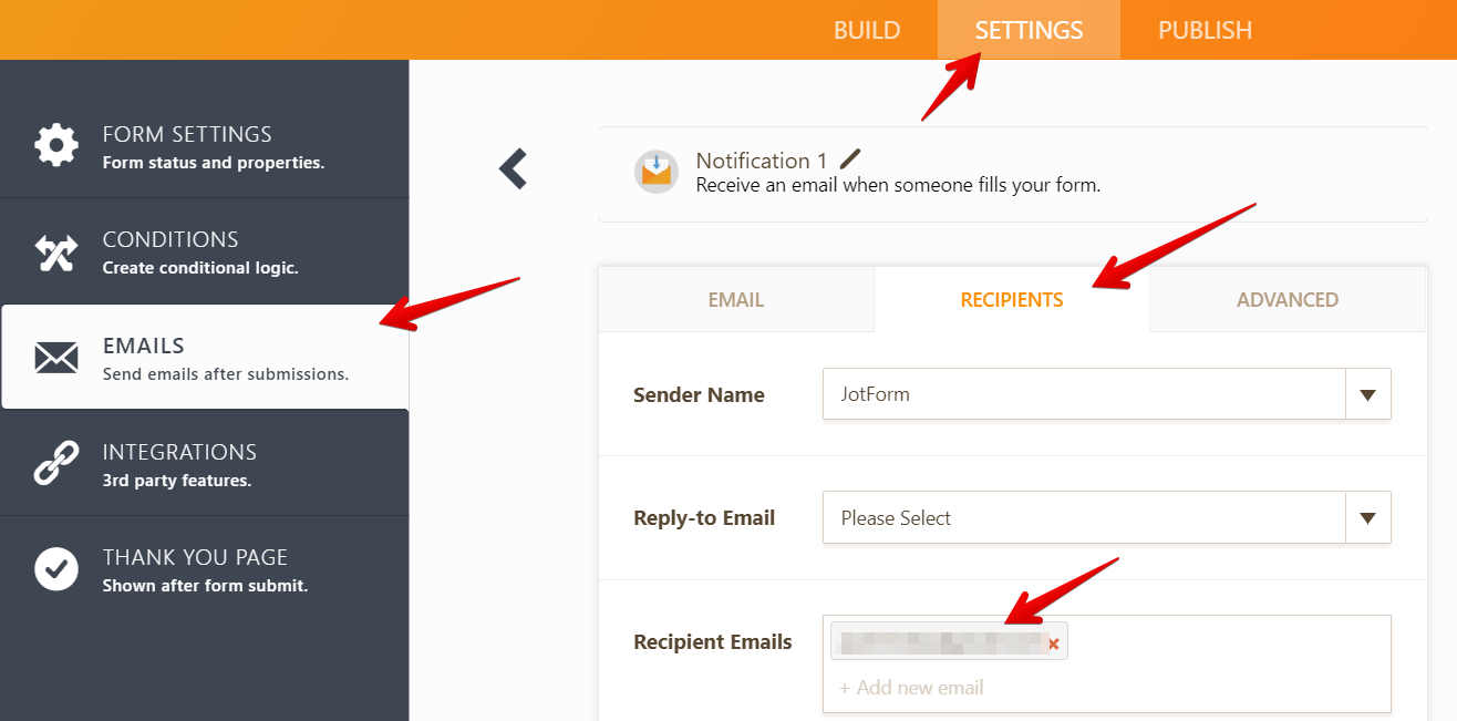 Notification email: change email address of recipient
