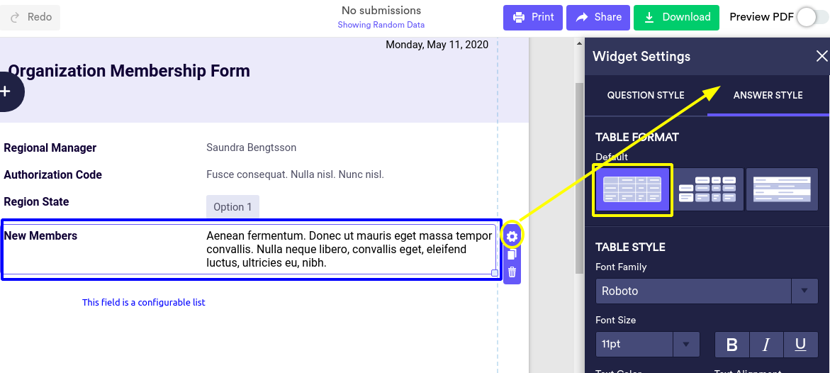 Display Information Entered into Configurable List Widget in a Table