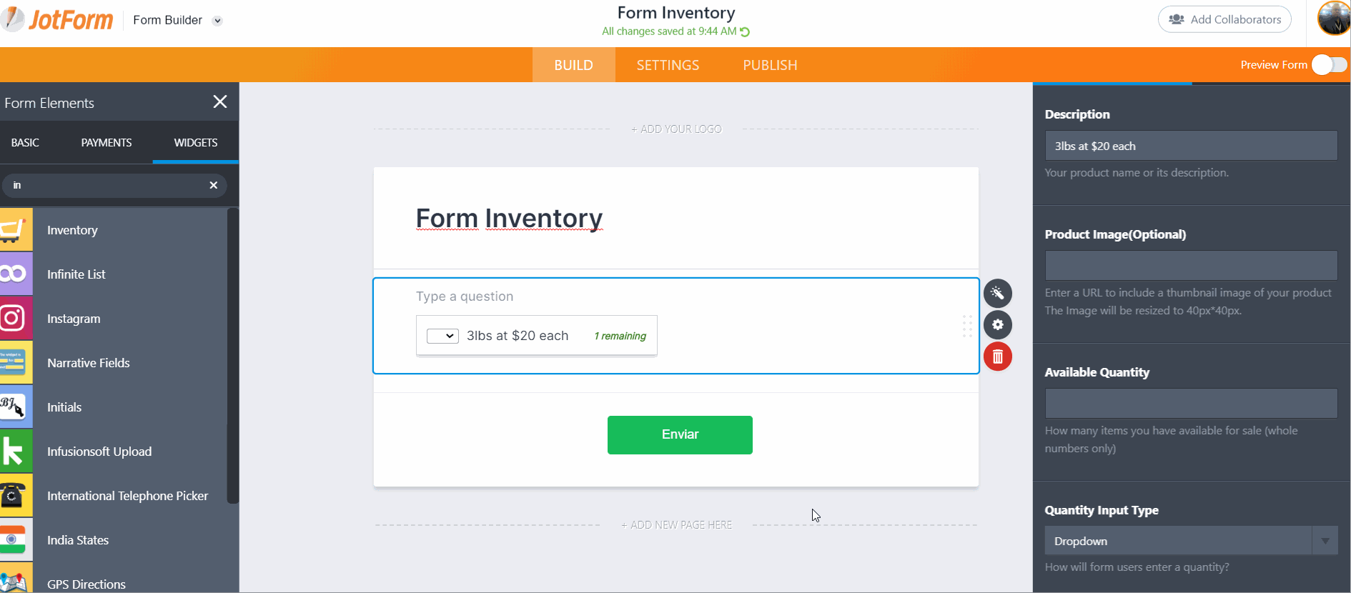 How can I see the product name in the submission with the inventory and form calculation widget