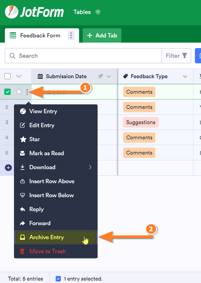 How to Archive Submission Entries in JotForm Tables?