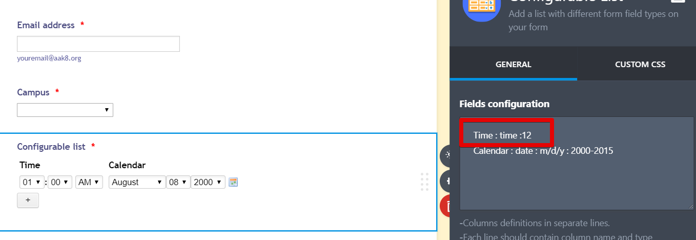 How to add time in the configurable list?